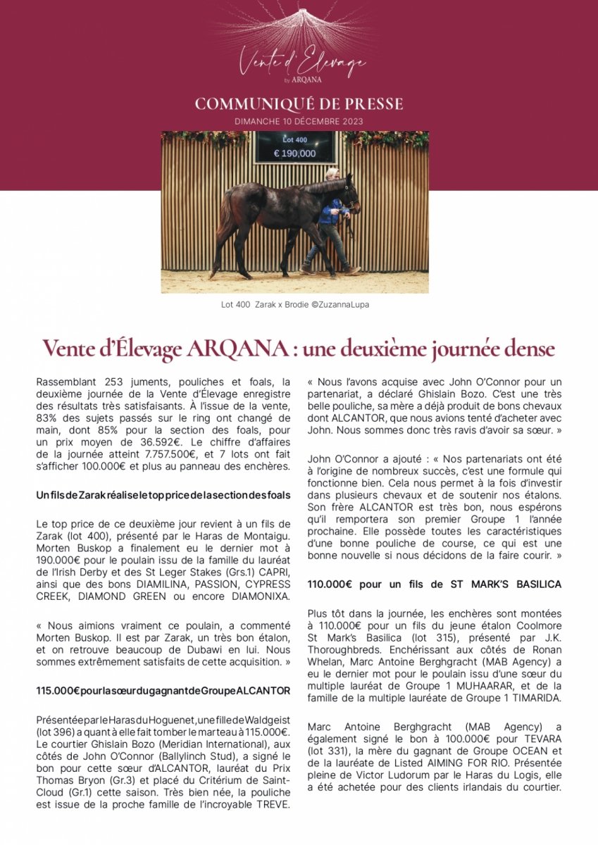 Vente d'Elevage Arqana J2 : le norvégien Morten Buskop réalise le top ...
